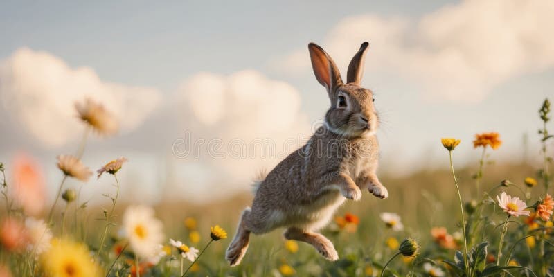 Bouncing Rabbit in a Field of Wildflowers Stock Photo - Image of field ...