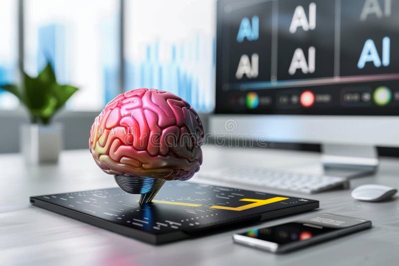 Brain on a Laptop with AI Hologram in a Modern Office Setting ...