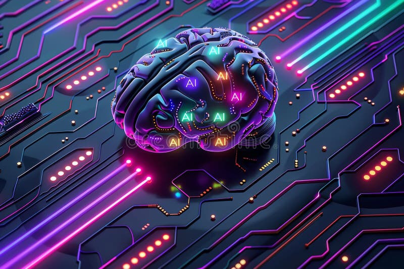 AI Brain with Neon Circuits in a High Tech Setting, Representing ...