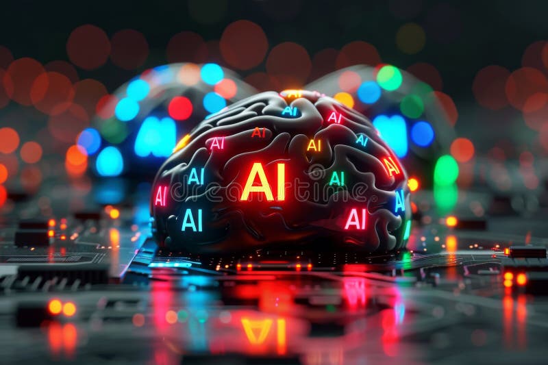 AI Brain with Neon Lights, Digital Neural Network, Futuristic ...