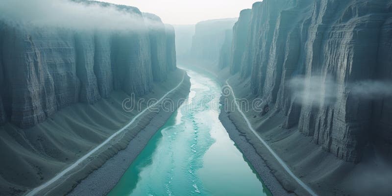 Breathtaking Drone View of a River Flowing through Towering Cliffs in a ...