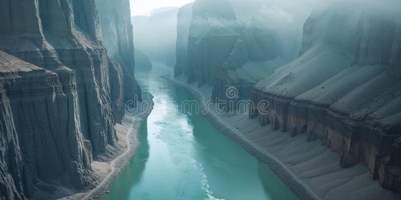 Breathtaking Drone View of a River Flowing through Towering Cliffs in a ...
