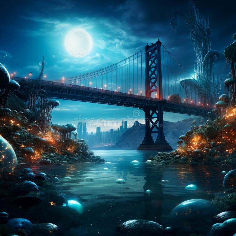 AI Generated Bridge Over Tranquil River Stock Illustration ...