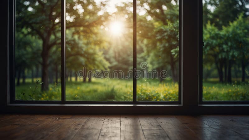 Bright Empty Room with Window View of Nature. Stock Image - Image of ...
