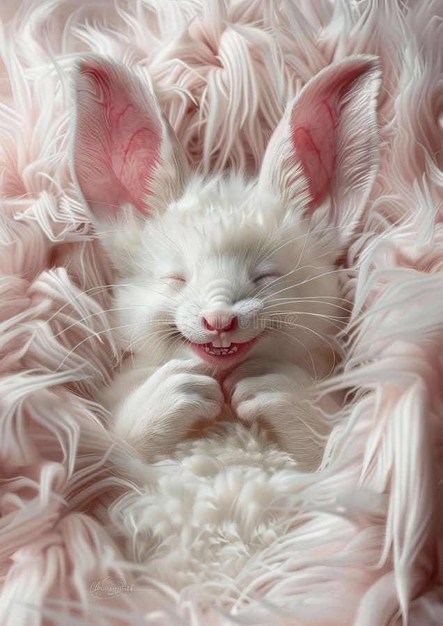 AI-generated Bright Pink Bunny Lying on Its Own Fur with a Happy Face ...