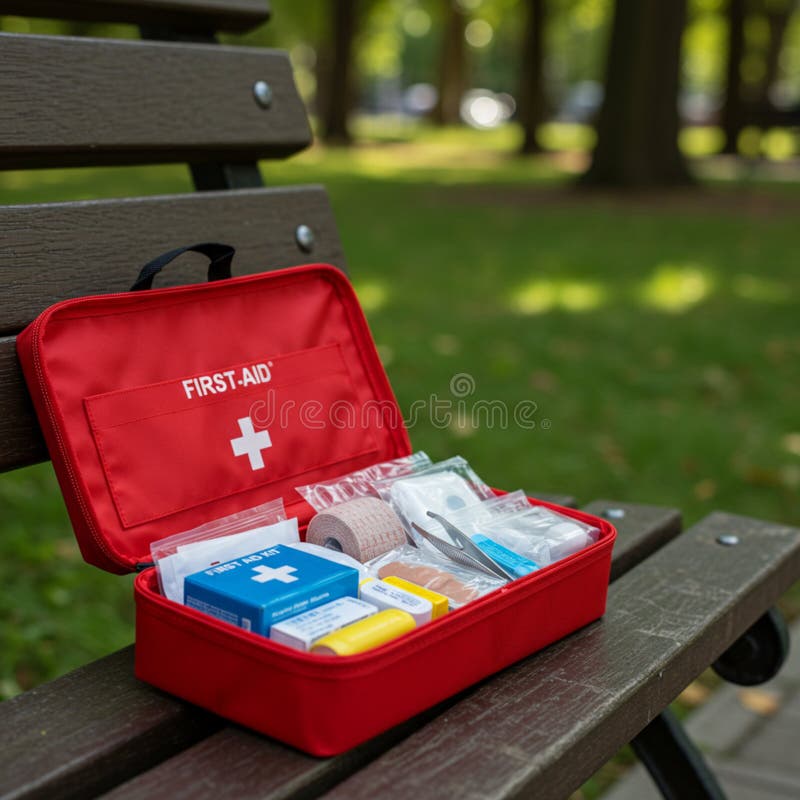 AI Generated Bright Yellow First Aid Kit Open on Bench with Medical ...