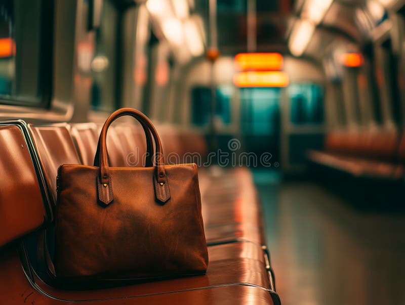 Brown Leather Bag Placed on an Empty Seat Inside a Subway Train Stock ...