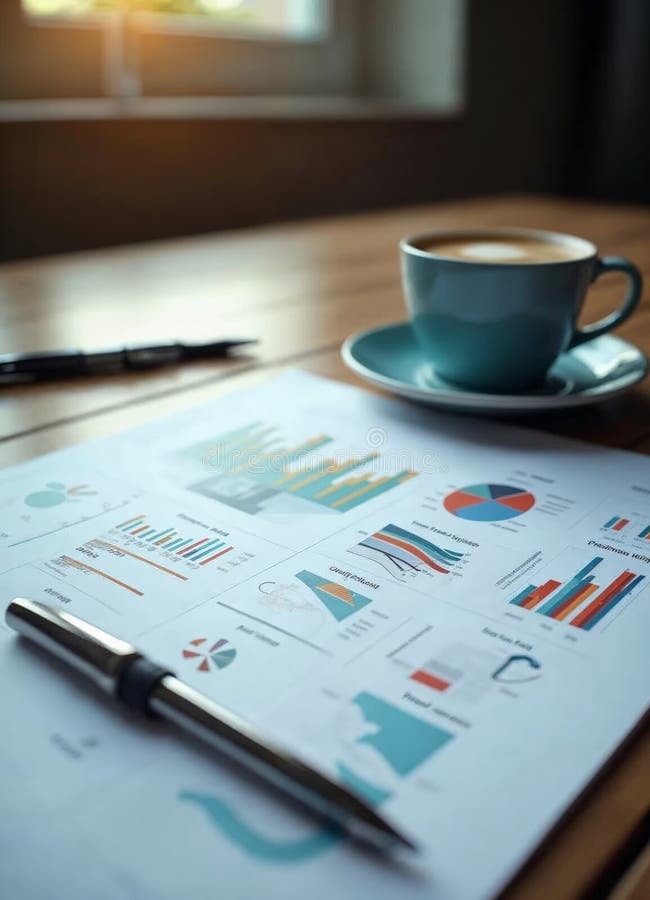 Business Charts and Graphs Visualizations on Paper with a Cup of Coffee ...