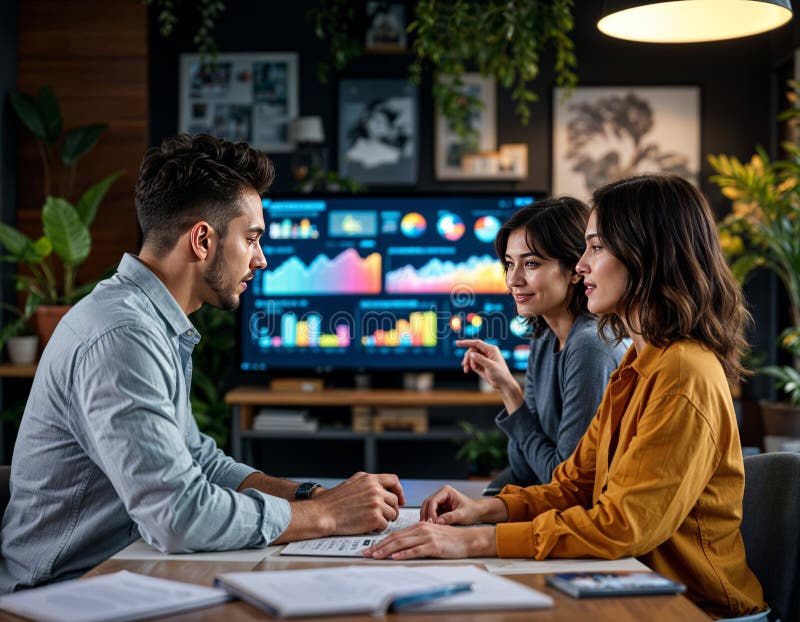 Business People Sitting at a Table with a Computer Screen Showing ...