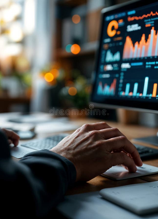 A Business Person is Using a Computer with Graphs and Statistics Shown ...
