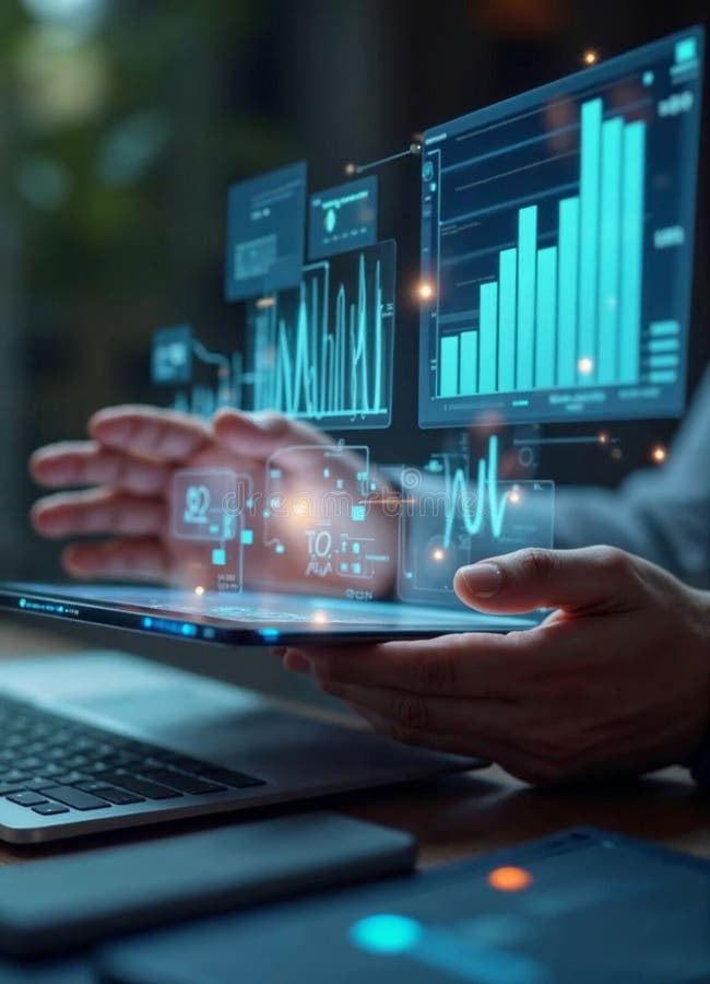 Businessman Using Laptop with Hovering Data and Graphs on Screen Stock ...