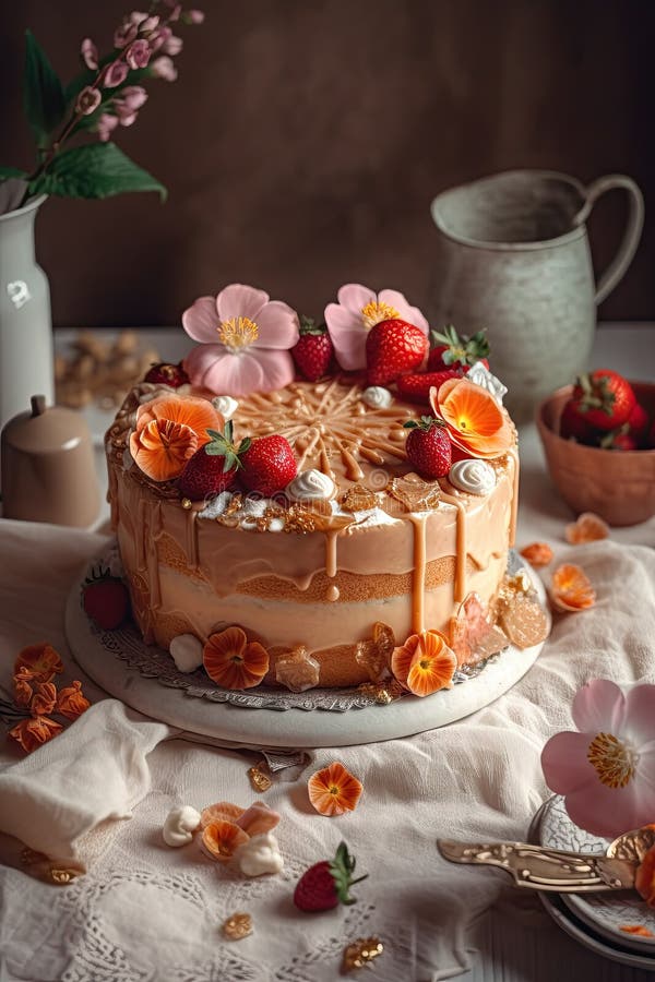 AI Generated Cake with Pink Cream and Lace on a Vintage Tray Stock ...