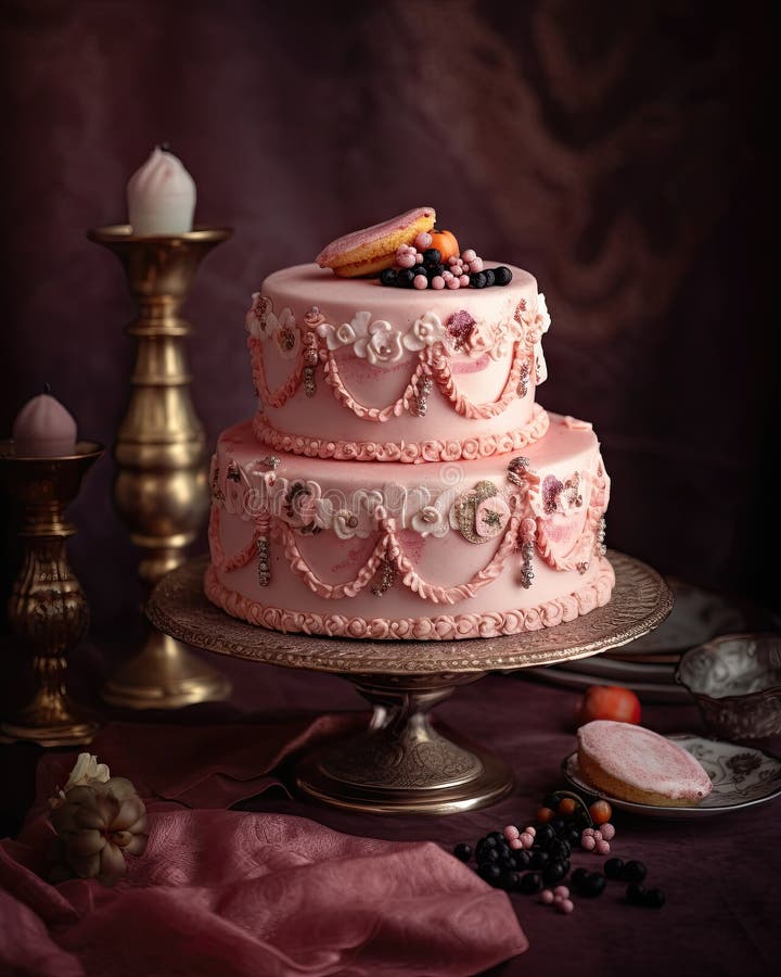 AI Generated Cake with Pink Cream and Lace on a Vintage Tray Stock ...