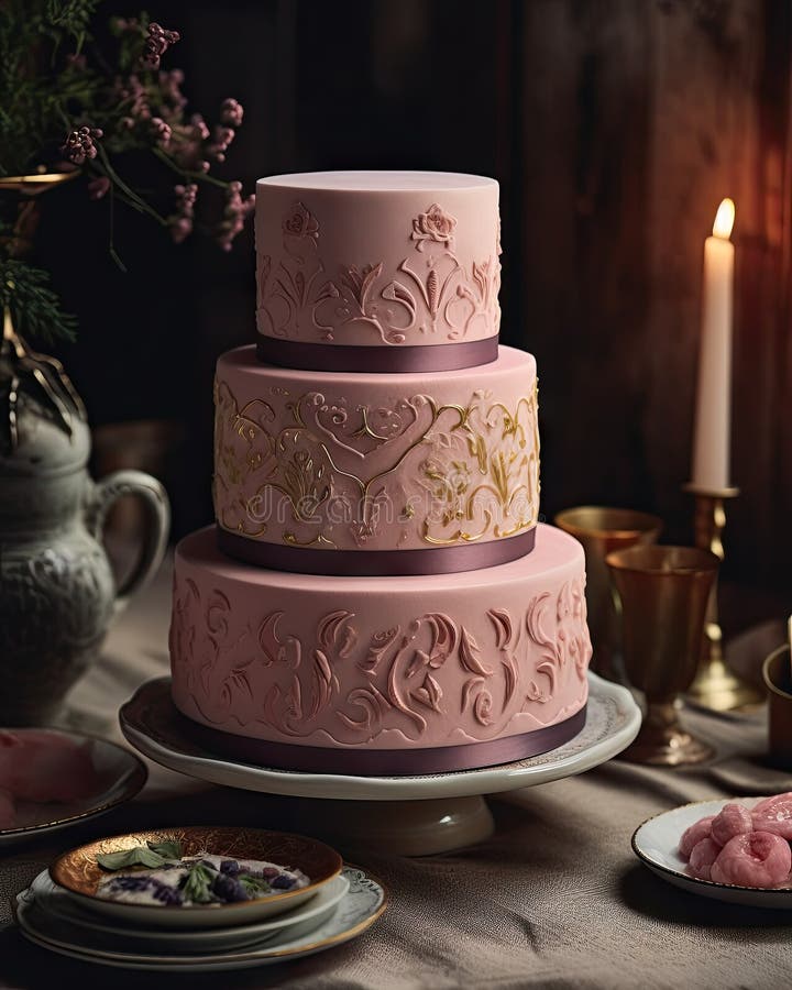 AI Generated Cake with Pink Cream and Lace on a Vintage Tray Stock ...