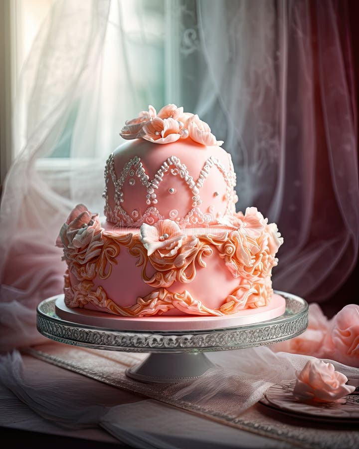 AI Generated Cake with Pink Cream and Lace on a Vintage Tray Stock ...