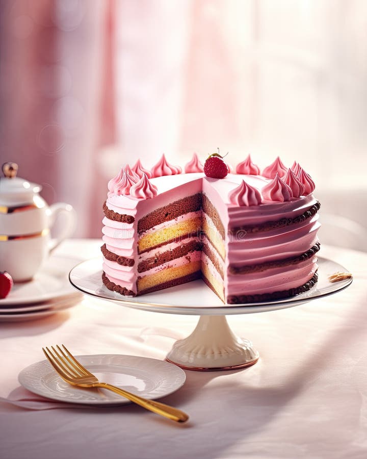 AI Generated Cake with Pink Cream and Lace on a Vintage Tray Stock ...