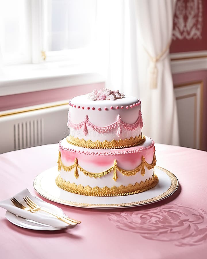 AI Generated Cake with Pink Cream and Lace on a Vintage Tray Stock ...