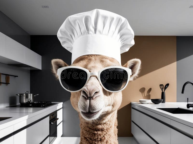 A Camel Chef in a Kitchen Wearing Sunglasses and a White Chef Hat ...