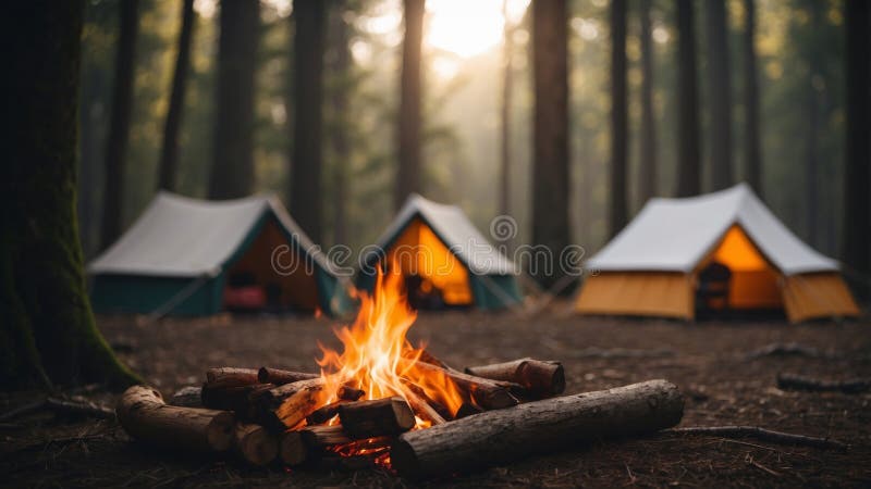 A Campfire is Lit in Front of Two Tents in a Forest. Stock Photo ...