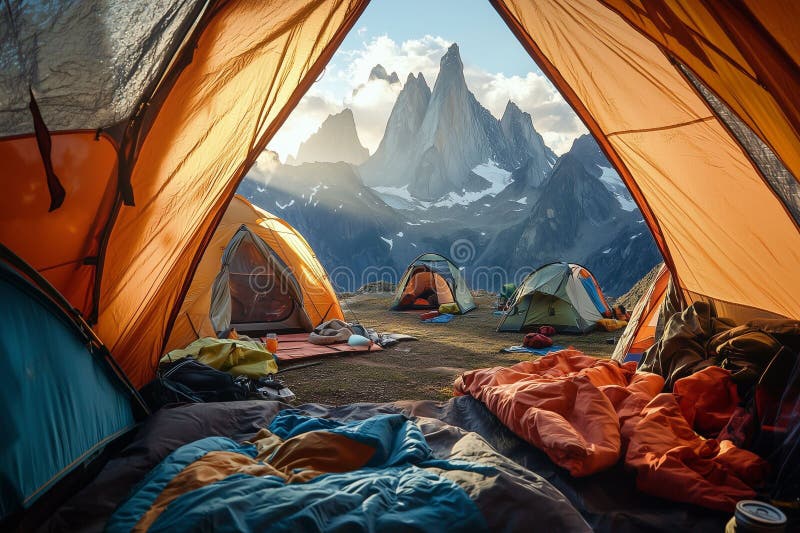 Colorful Camping Scene Tents Mountains Vibrant Nature Landscape Stock ...