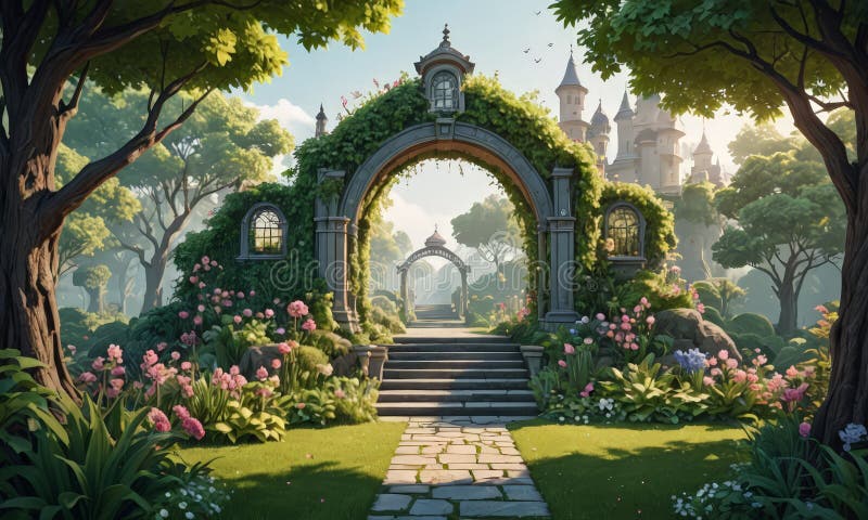 Beautiful Garden with Gate and Flowers Stock Illustration ...