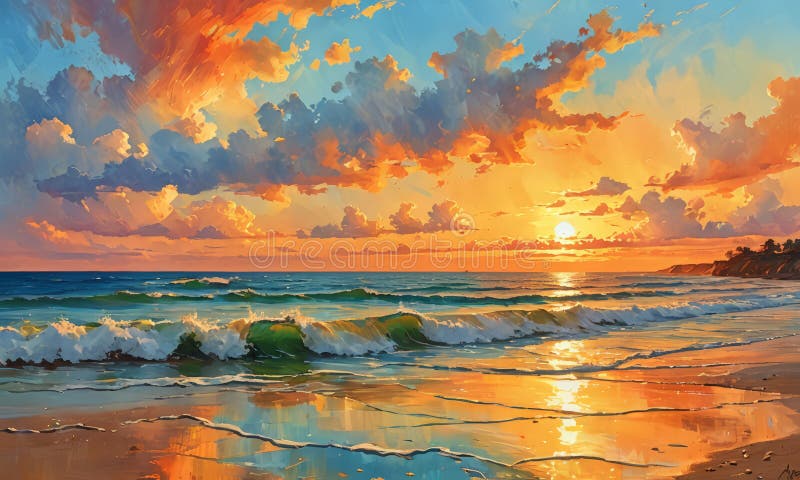 Painting Sunset on the Beach Stock Illustration - Illustration of coast ...