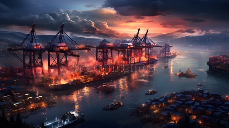 Industrial Port with Container Terminal and Freight Ship at Sunset,3d ...