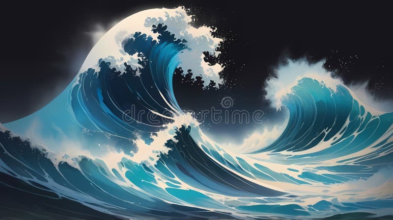 AI Generated Captivating Illustration of Night Ocean Waves with Each ...