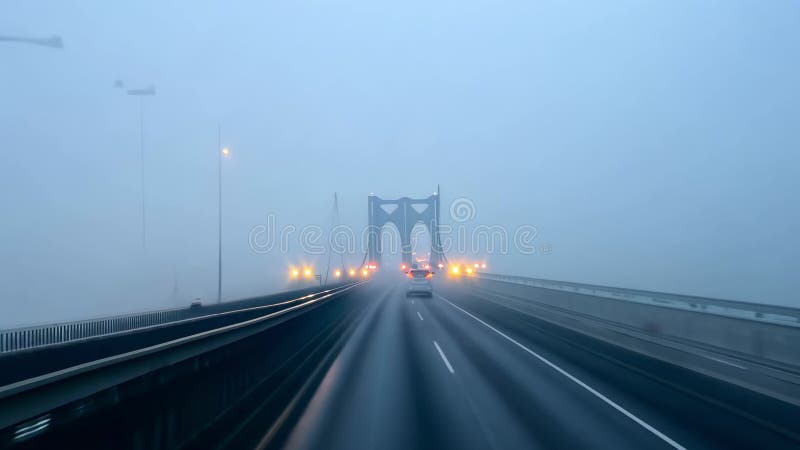 AI Generated Car Driving on a Bridge through a Mist with Yellow Lights ...