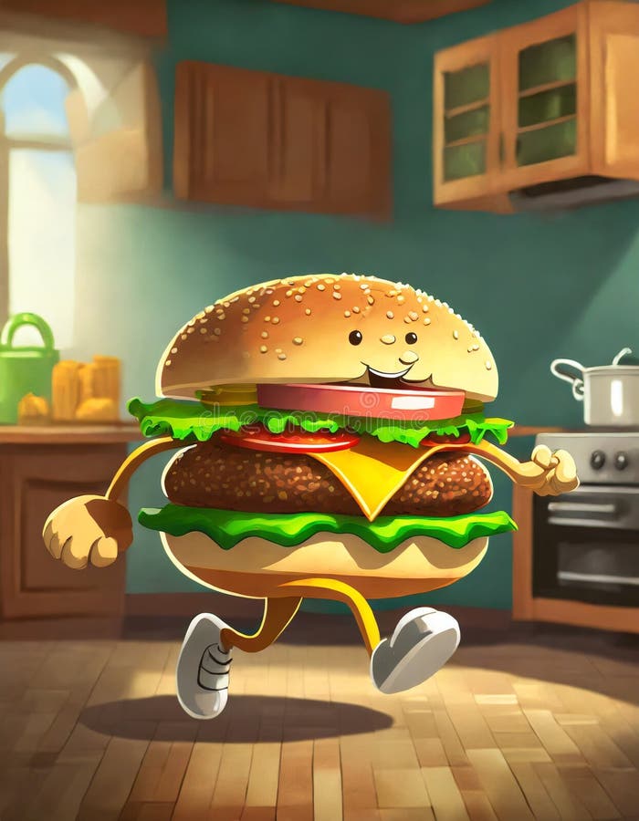 Cartoon Hamburger, Smiling and Running Stock Illustration ...