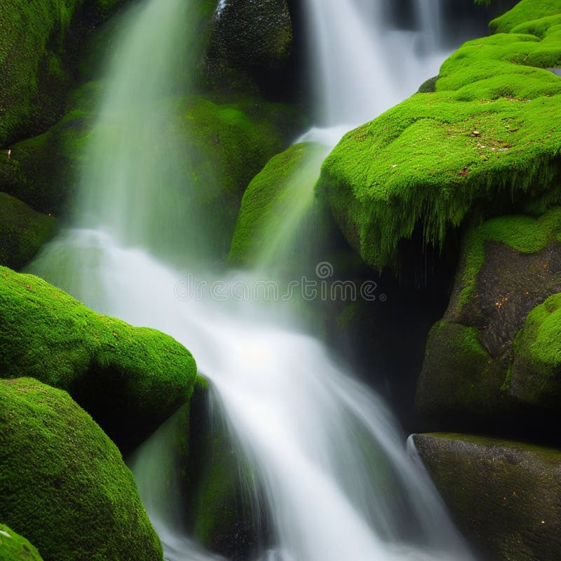 AI Generated Cascading Waterfall from Greenery Rocks Stock Illustration ...