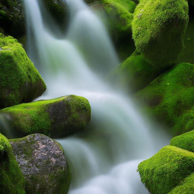AI Generated Cascading Waterfall from Greenery Rocks Stock Illustration ...