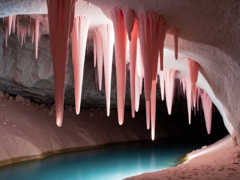 A Cave with Pink Stalactites and a Blue River. Stock Illustration ...