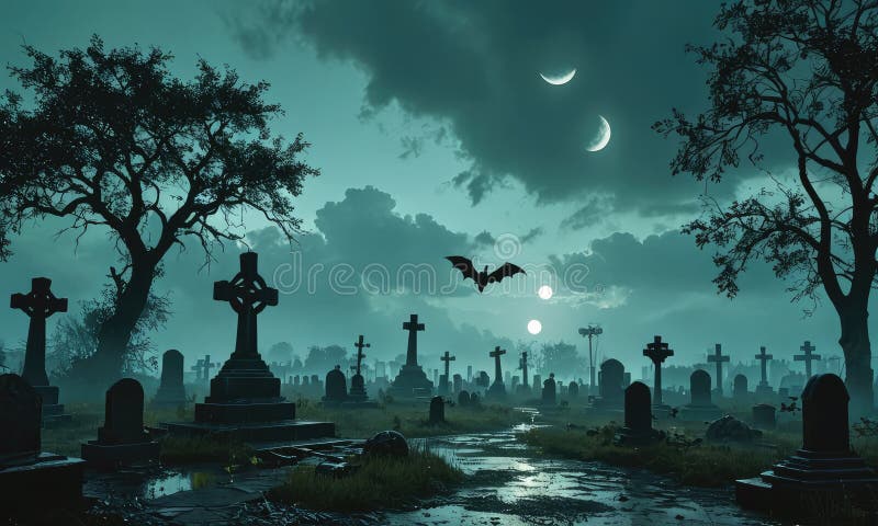 A Cemetery at Night with Bats Flying and Moonlight. Stock Illustration ...