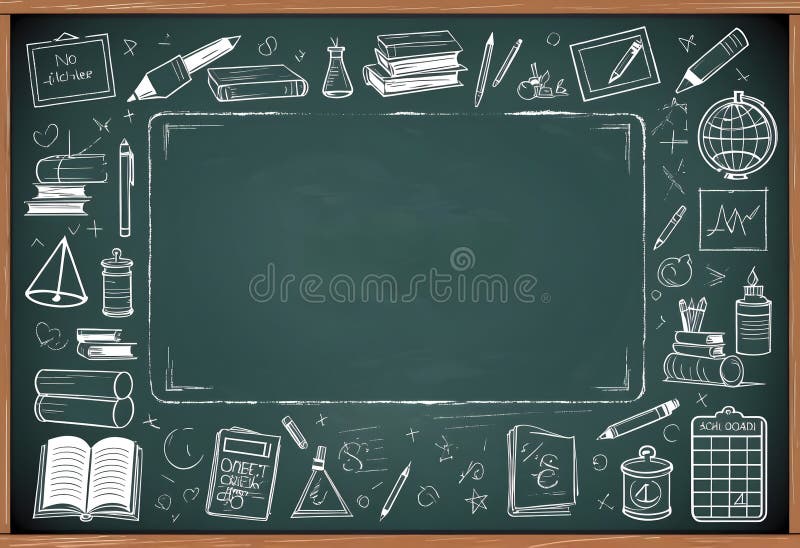 A Chalkboard with a Frame Drawing Surrounded by School Supplies Drawing ...