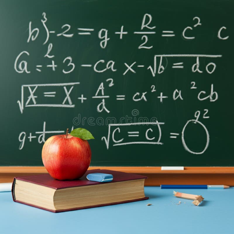 AI-Generated Chalkboard with Math Equations, Apple, Eraser, and Book ...