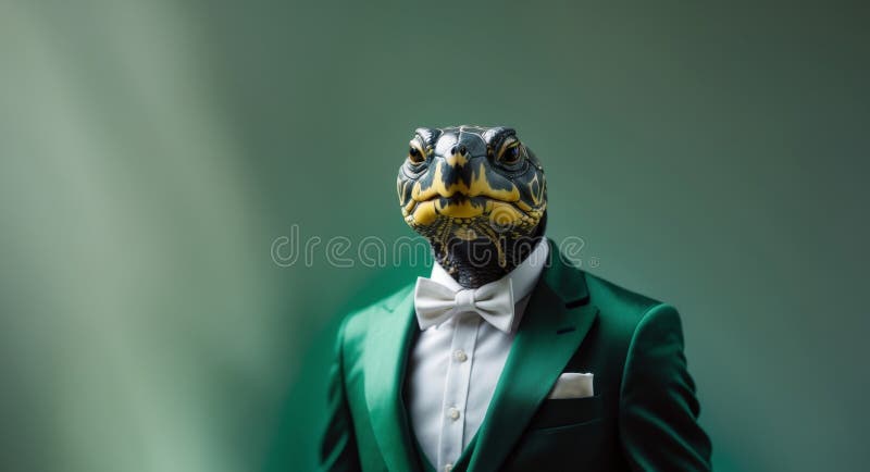 Charming Turtle Wearing a Suit Posing on an Elegant Green Background ...