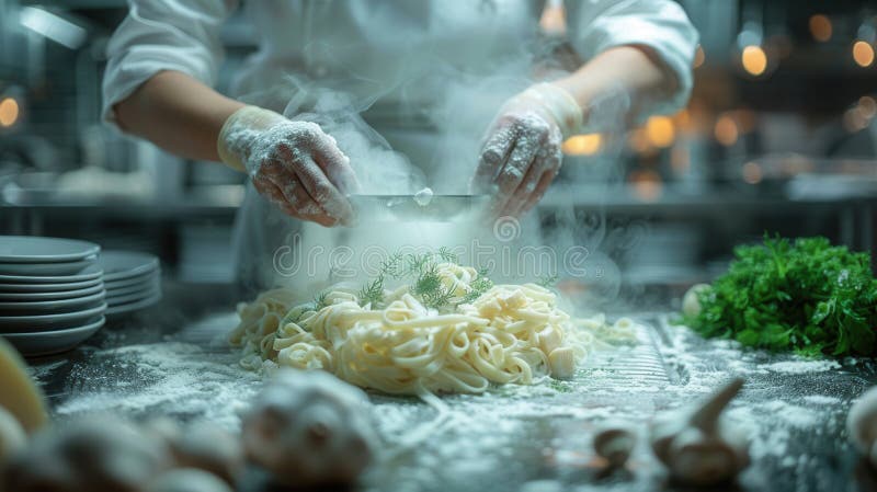 AI Generated Chef Preparing Gourmet Pasta Dish with Dry Ice in ...