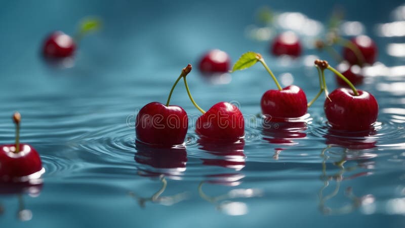 Cherries Floating in Clear Blue Water, with Ripples and Shadows on the ...