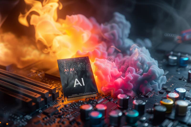 AI Chip on a Futuristic Circuit Board with Fiery Explosion Effect ...