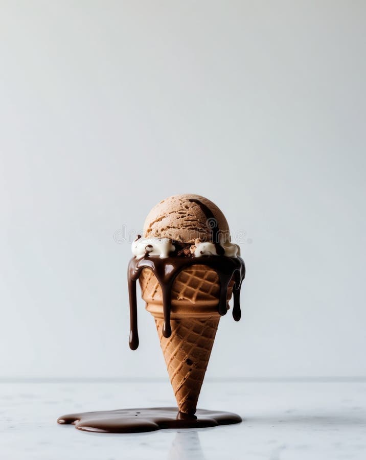 Chocolate Ice Cream Cone with Melted Chocolate Drizzle. Stock Photo ...
