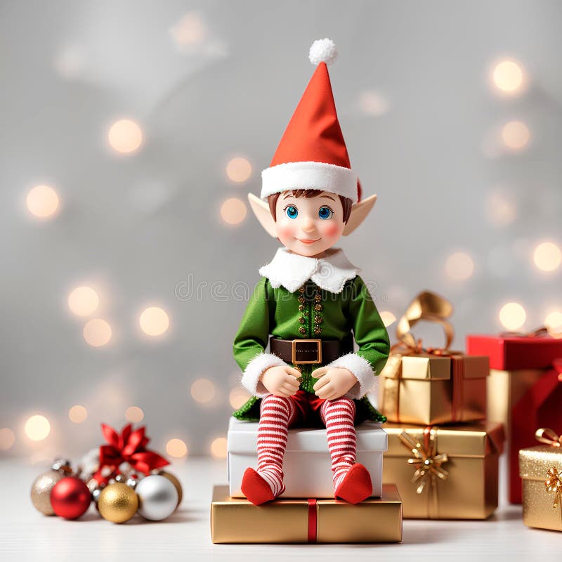 AI Generated Christmas Elf Sitting on Gift Box Stock Illustration ...