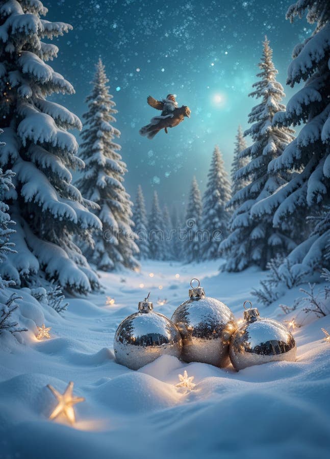 Christmas Tree with Silver Christmas Balls and a Flying Santa on Sleigh ...