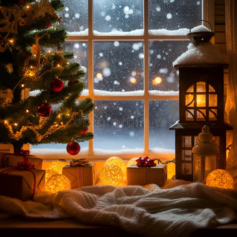 AI-Generated Christmas Window Scene with Tree, Presents, Lights ...