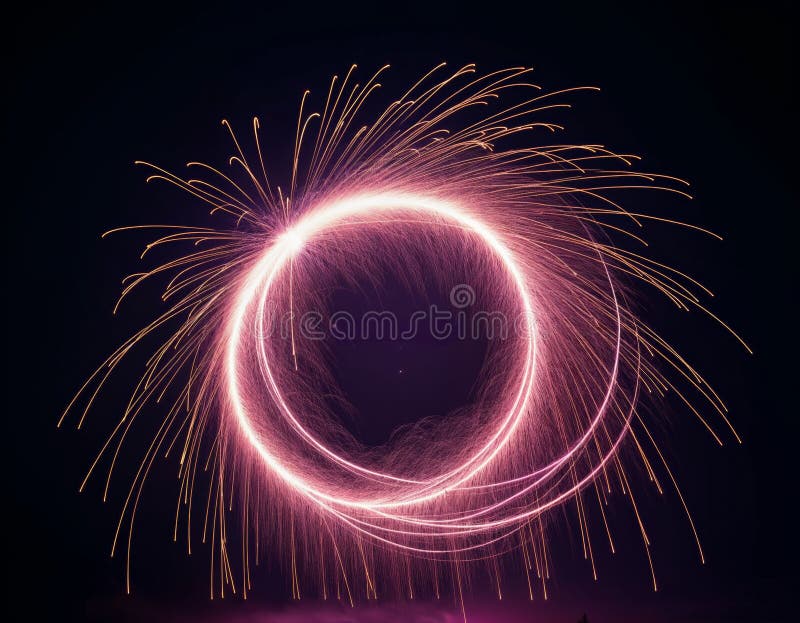 A Circle of Fireworks is Shown with a Circle of Pink Light Trails on a ...