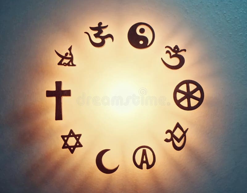 A Circle of Religious Symbols is Shown in the Light Blurred Background ...