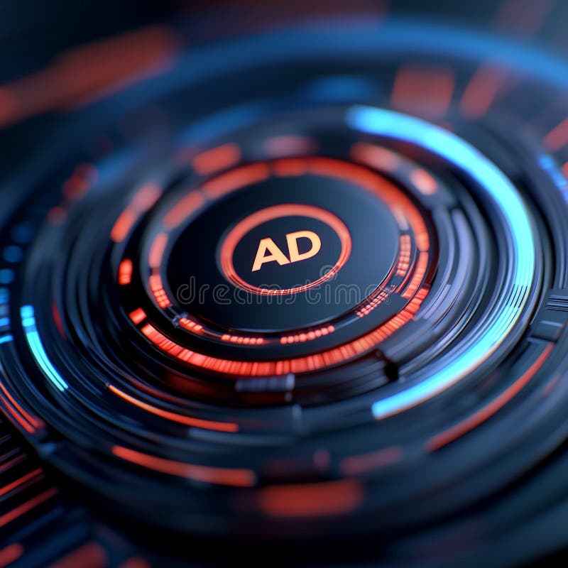 Circular AD Interface with Neon Glow Effect Over Futuristic Circuitry ...