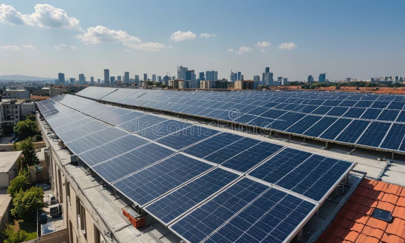 A City Skyline is Visible in the Background of a Solar Panel Farm ...