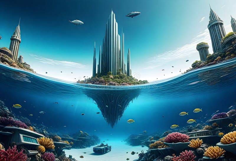 A City Underwater with a Castle and Fish Stock Illustration ...