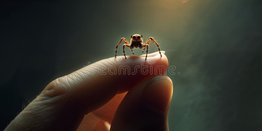 Close Encounter with a Tiny Spider on a Person S Fingertip in a Dimly ...